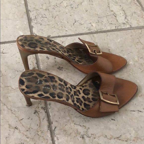 Jeannot | Shoes | Jeannot Tan Open Toe Heel With Gold Buckle | Poshmark